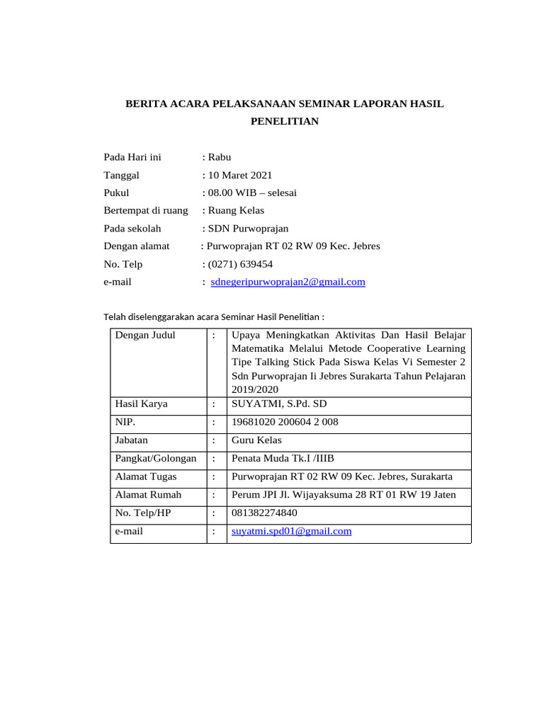 Berita Acara Seminar PTK - Suyatmi | PDF