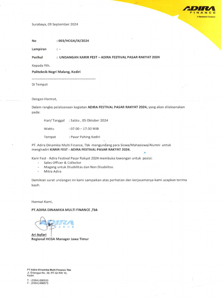 Disposisi Surat Pt Adira Dinamika Pdf