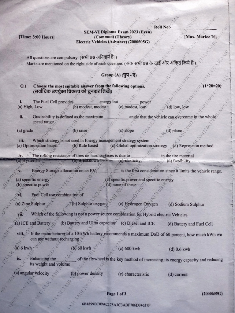 Electric Vehicle (Advance) 2023 Exam | PDF