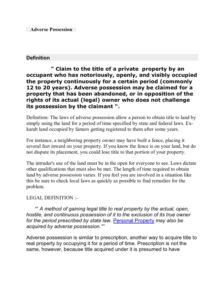 Adverse Possession (2) | Adverse Possession | Title (Property) | Free ...