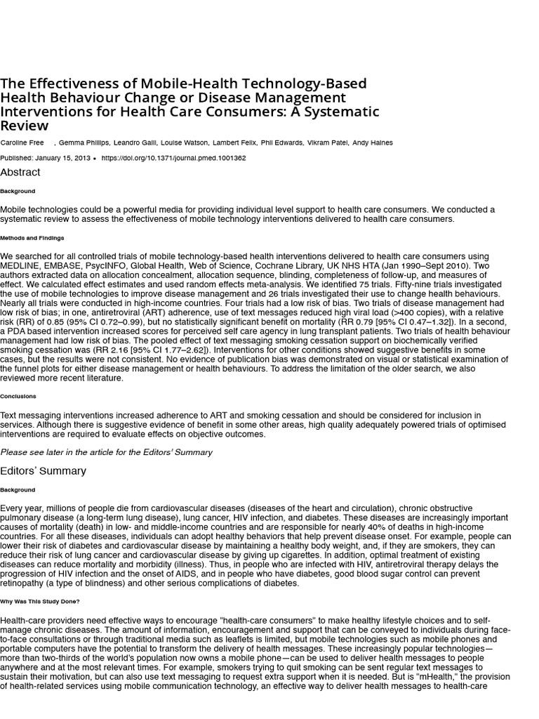 The Effectiveness of Mobile-Health Technology-Based Health Behaviour Change or Disease ...