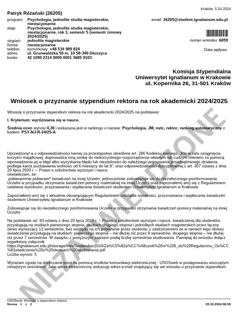 Wniosek o Stypendium Rektora 2024-10-05 | PDF