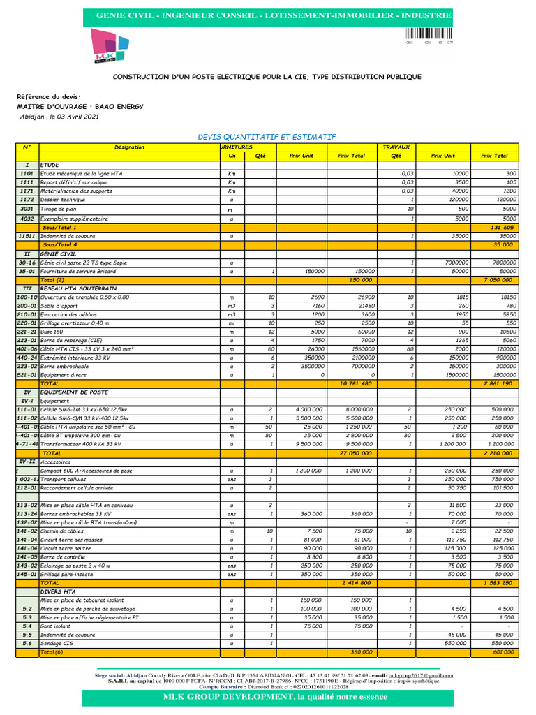 Devis Quantitatif Et Estimatif: Abidjan, Le 03 Avril 2021 | PDF