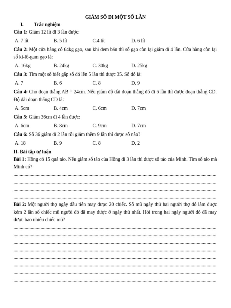 GIẢM SỐ ĐI MỘT SỐ LẦN and 3 ĐỀ ÔN CK1 | PDF