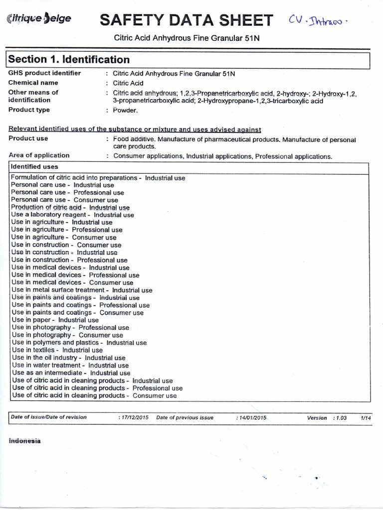 Citric Acid - CV Intraco | PDF