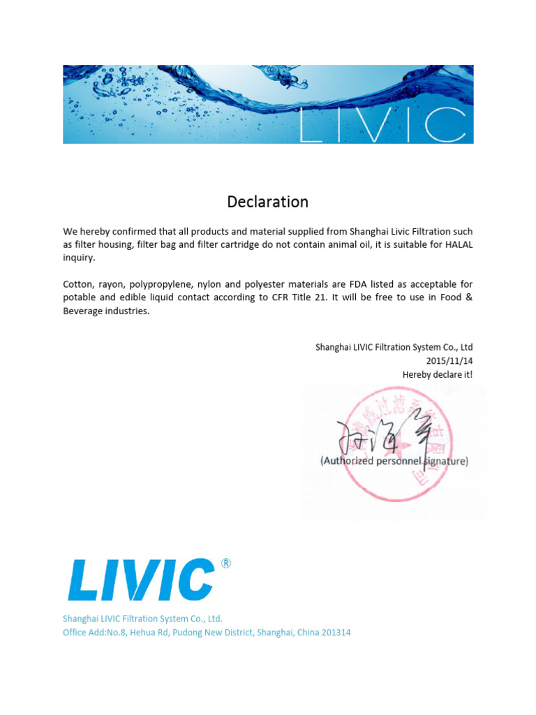 Filter Bag Halal Declaration - Livic | PDF