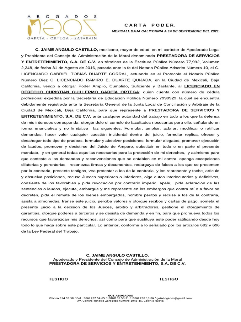 Carta Poder Prestadora de Servicios C. Jaime Angulo | PDF
