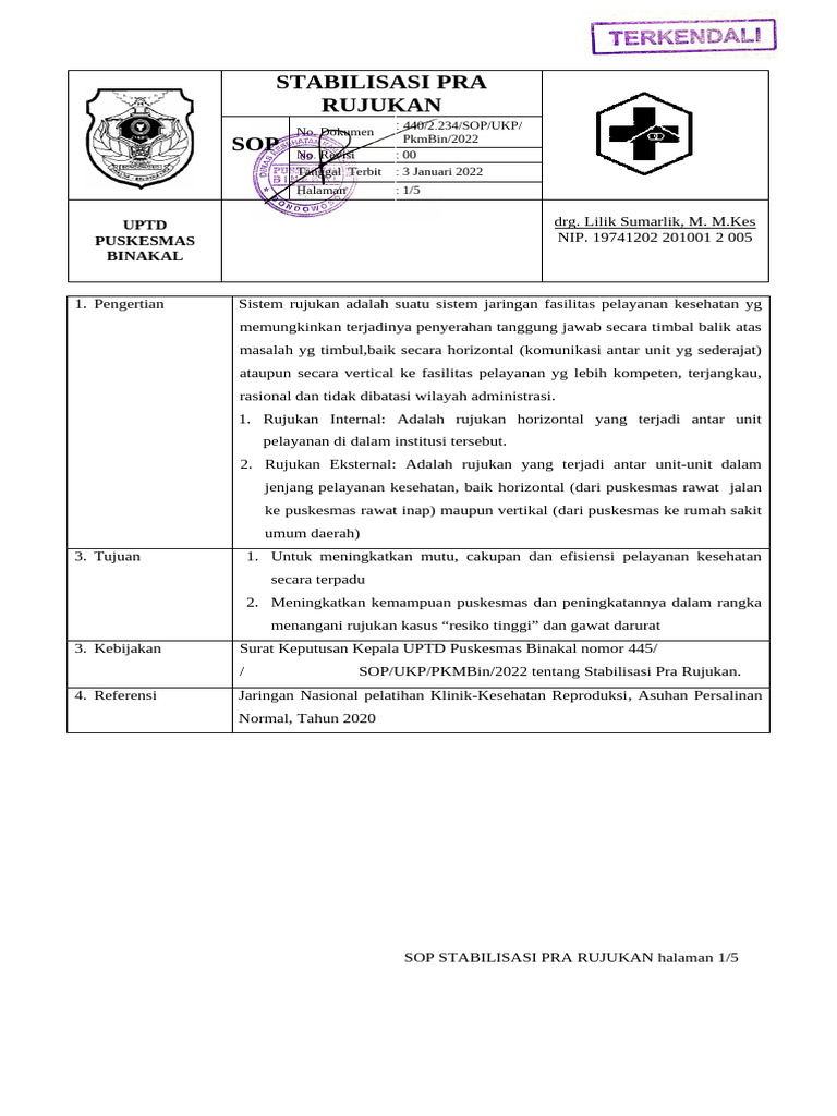 SOP STABILISASI PRA RUJUKAN | PDF
