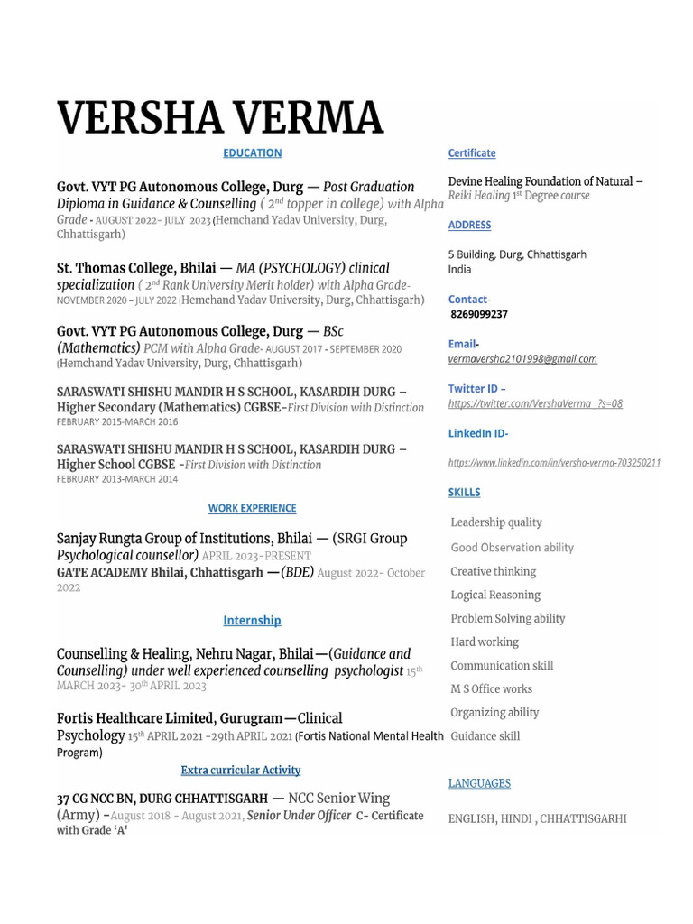 SRGI Group Psychological Counsellor Versha Verma | PDF