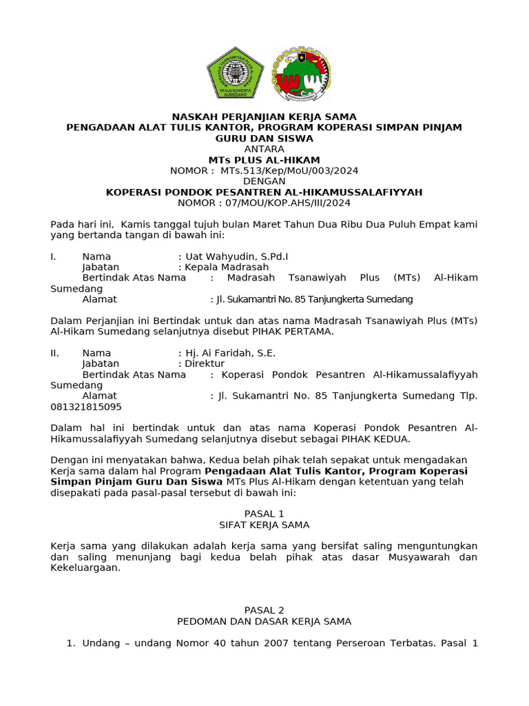 Naskah Mou Mts Dan Koperasi | PDF