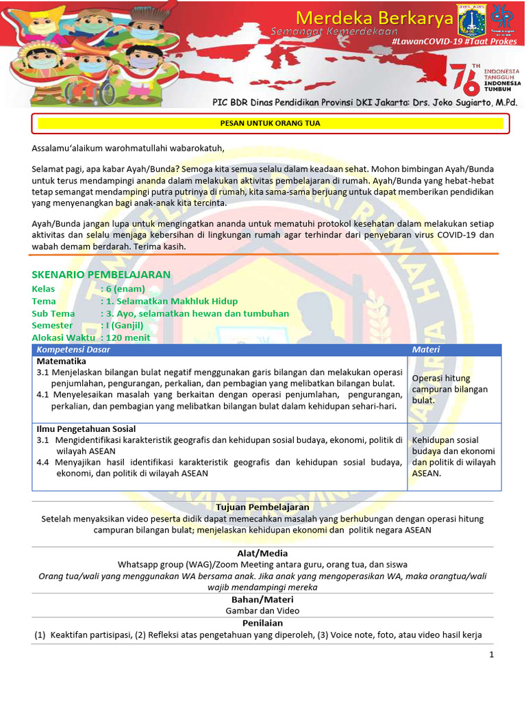 RPP Kelas 6, Selasa 3 Agustus 2021 | PDF