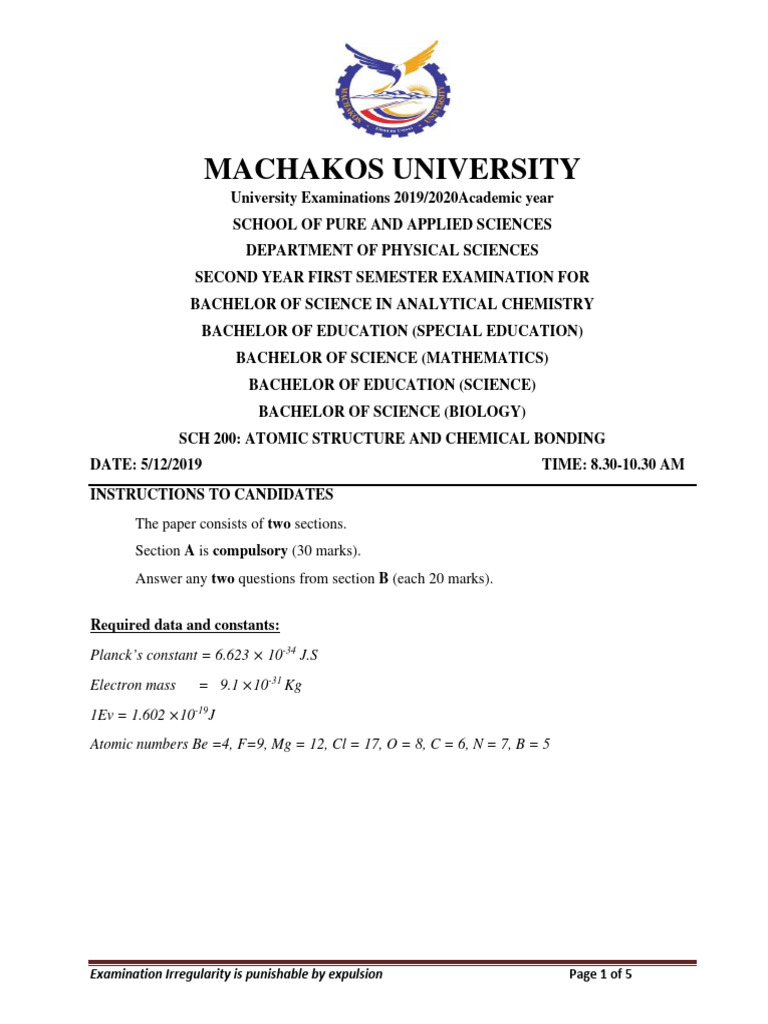 SCH 200 Atomic Structure and Chemical Bonding | PDF