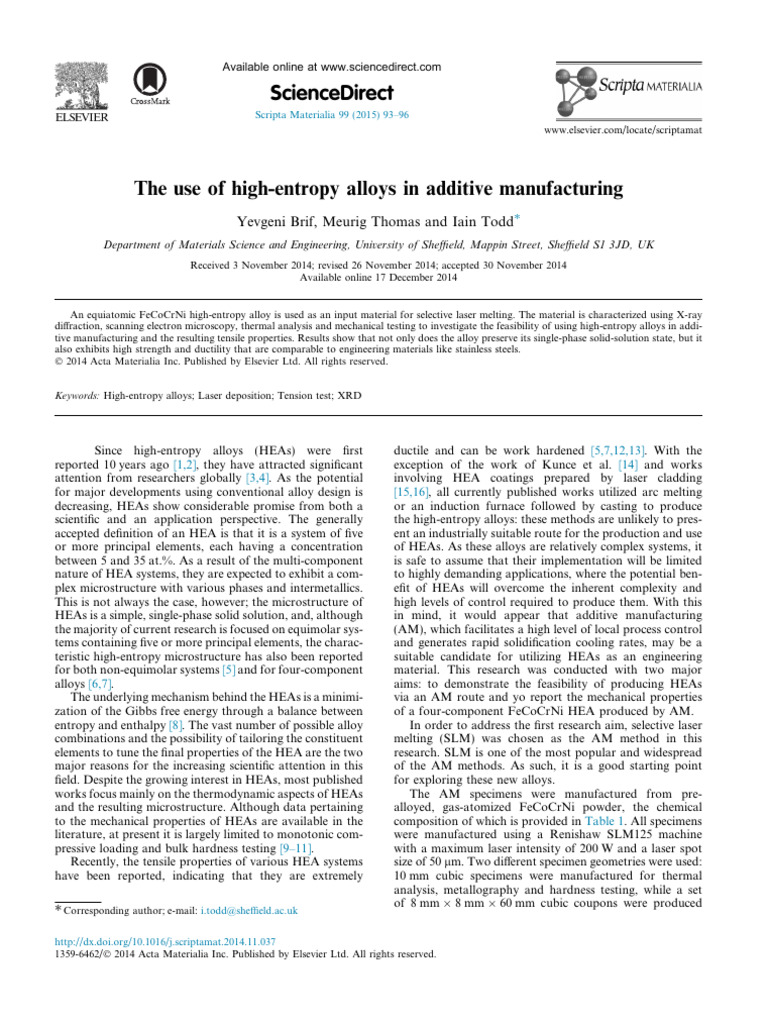 The Use of High-Entropy Alloys in Additive Manufacturing | PDF