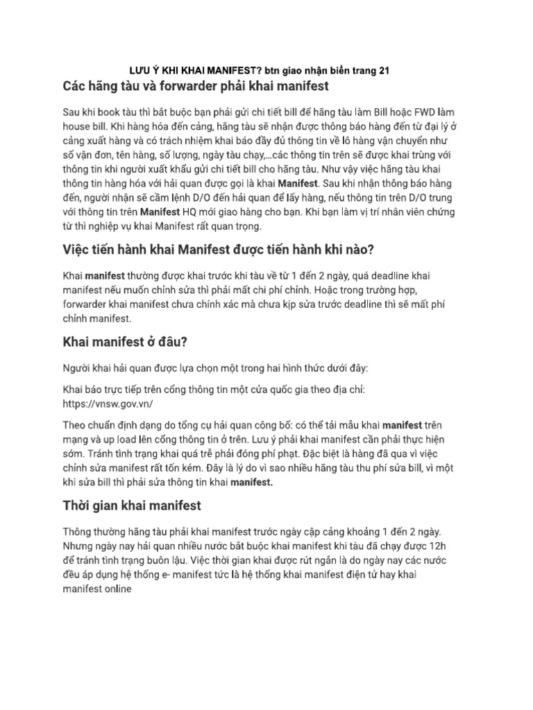 Manifest VGM MTO | PDF