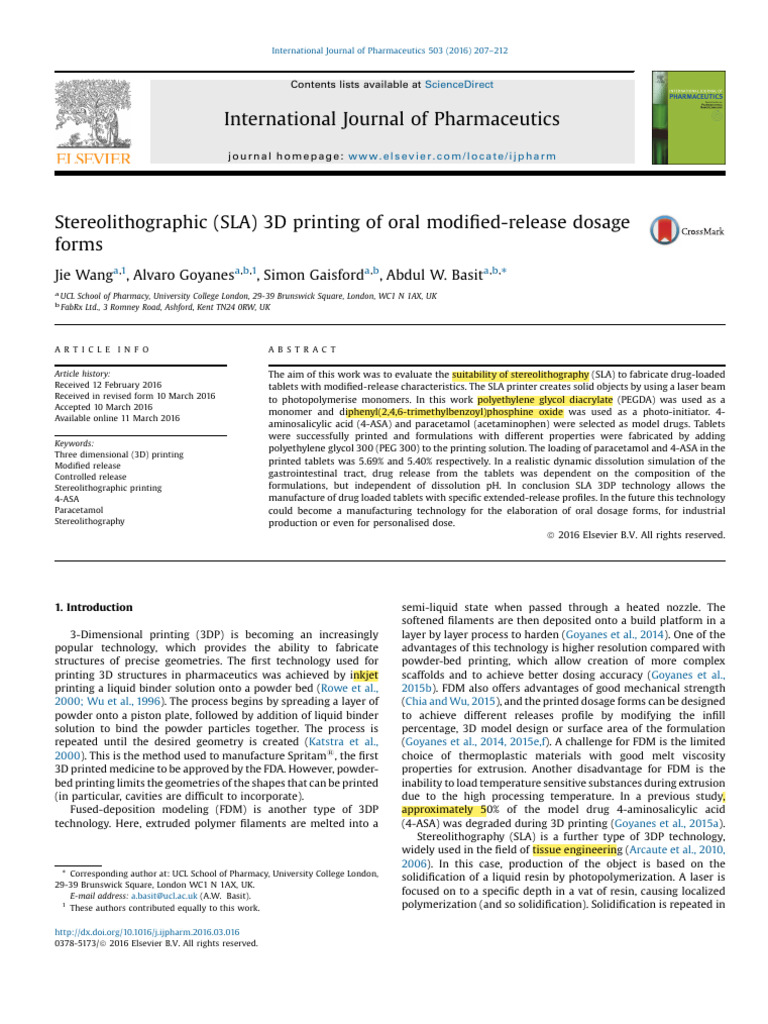 1.SLA 3D Printing of Oral Modified Release Dosage Forms | PDF