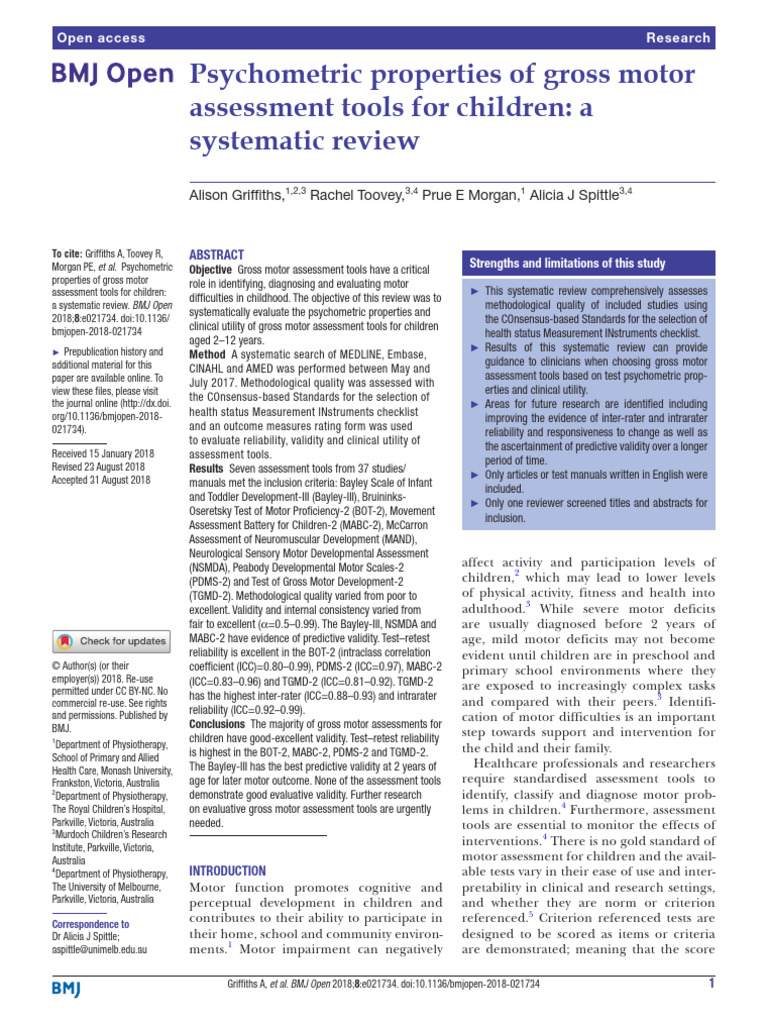 Psychometric Properties of Gross Motor Assessment Tools For Children A ...