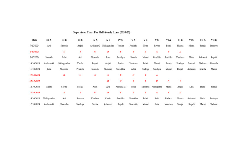 Supervision Chart For Half-Yearly Exam (2024-25) | PDF