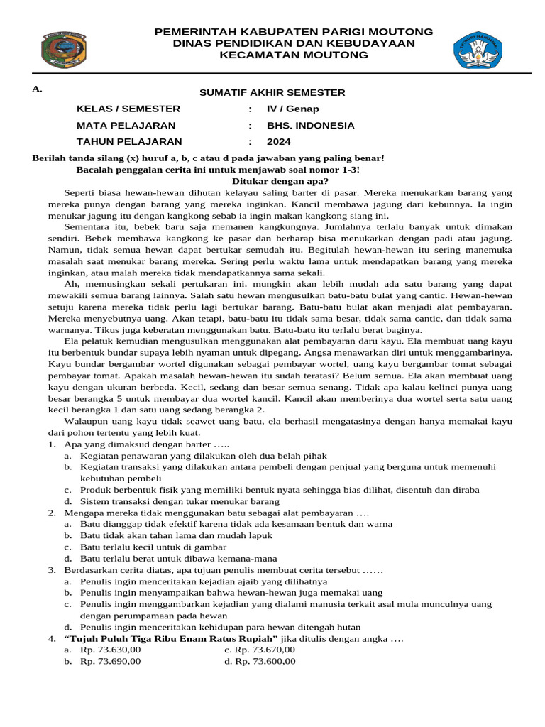 Soal BHS - Indonesia Sumatif Akhir Semester Genap Tahun 2024 Kelas 4 | PDF