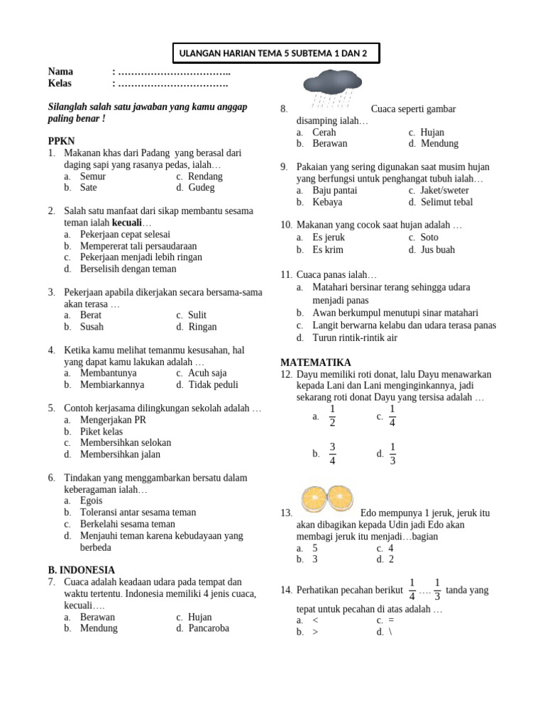 SOAL UH TEMA 5 ST 1 Dan 2 Kelas 3 | PDF