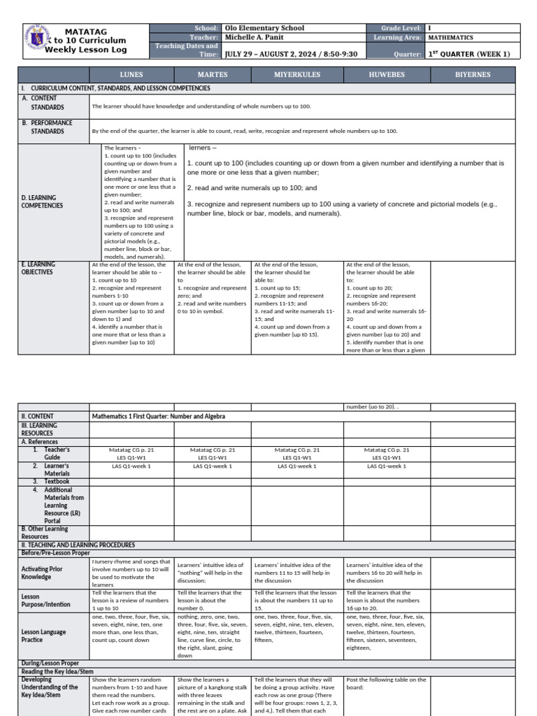 Revised-DLL-MATATAG MAth-1 Q1 W1 | PDF