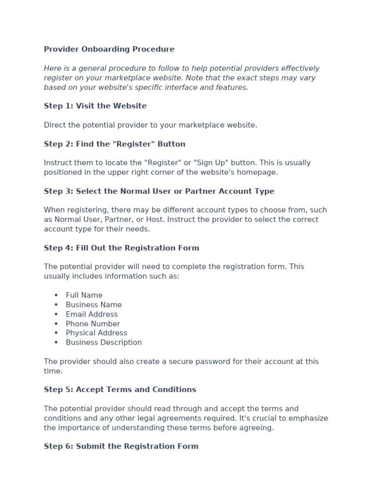 Provider Onboarding Procedure Here Is A General Procedure To | PDF ...