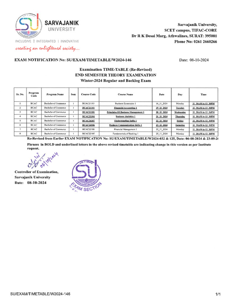 SCCCA B.com Sem 1 Time Table Notification Regular and Backlog Exam ...