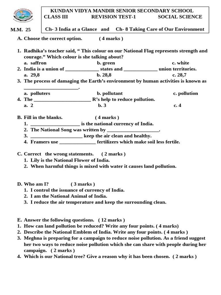 Class III Revision Test 1 | PDF