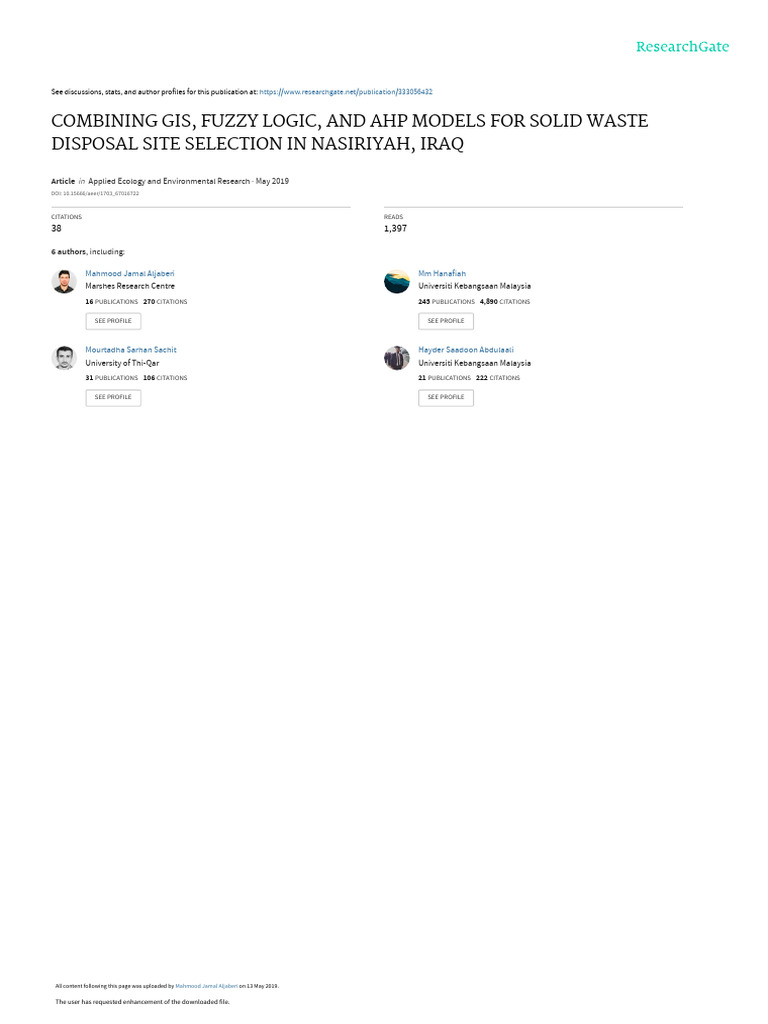Combining Gis, Fuzzy Logic, and Ahp Models For Solid Waste Disposal Site Selection in Nasiriyah ...