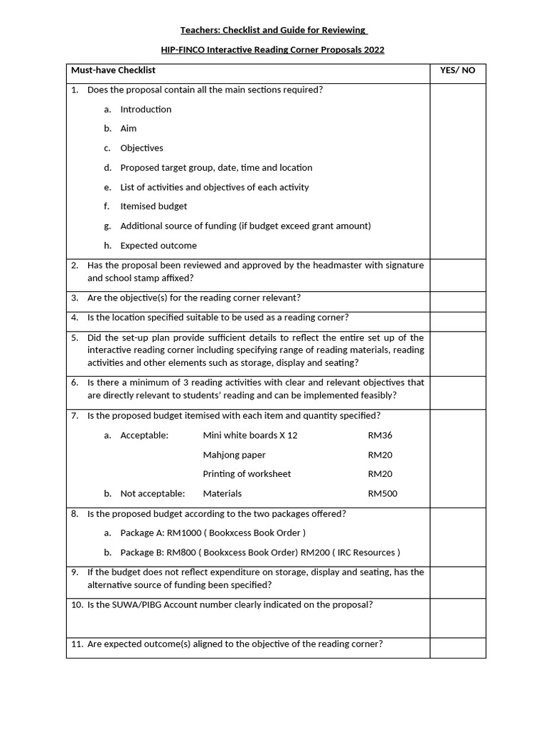 Teacher's Checklist For HIP FINCO IRC Proposal and Bookxcess Book | PDF