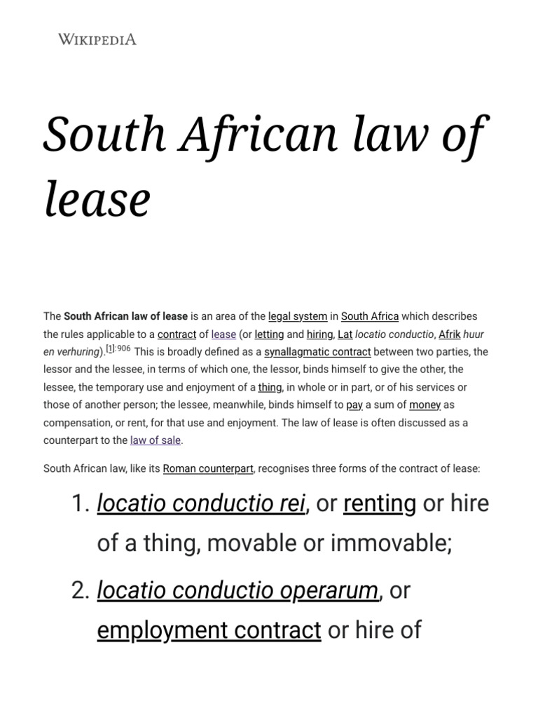 South African Law of Lease - Wikipedia | PDF | Lease | Leasehold Estate