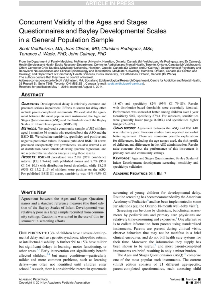 Concurrent Validity of The Ages and Stages Questionnaires and Bayley ...