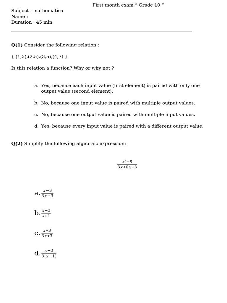 First Month Exam " Grade 10 " Math | PDF | Function (Mathematics ...