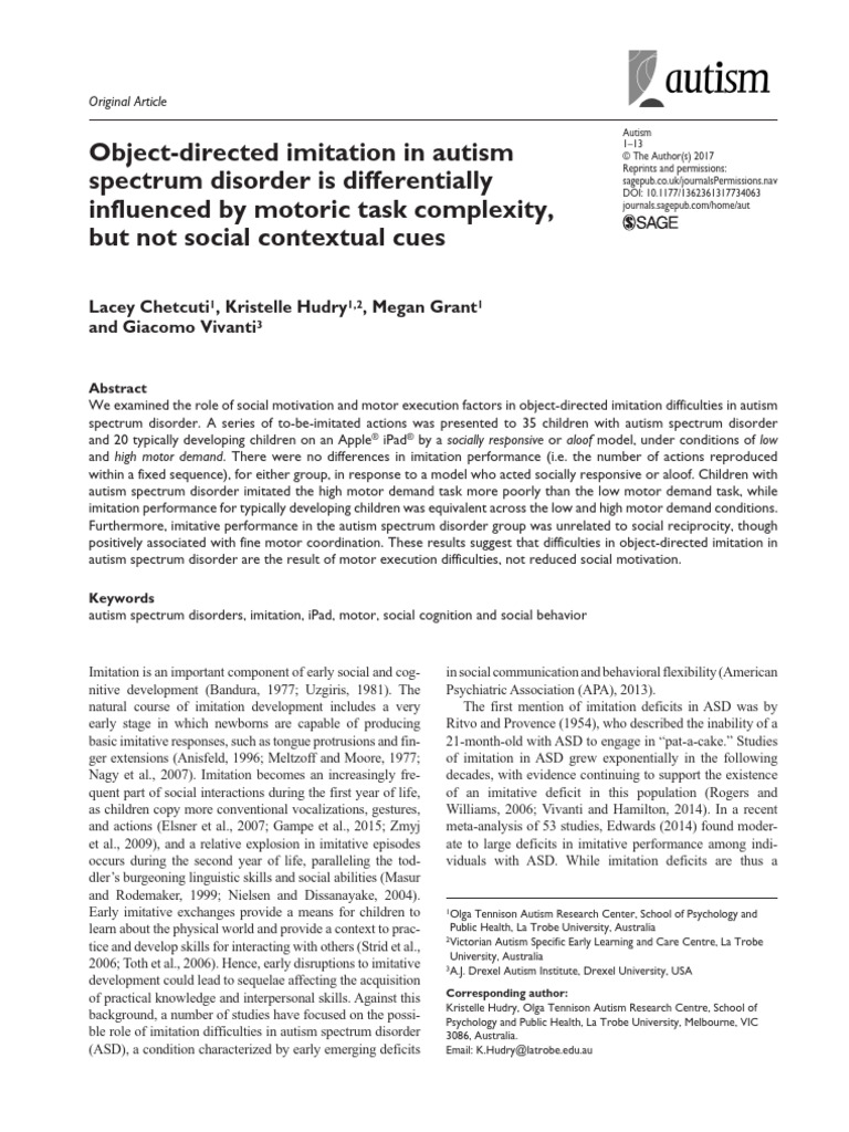 Object-Directed Imitation in Autism Spectrum Disorder Is Differentially Influenced by Motoric ...