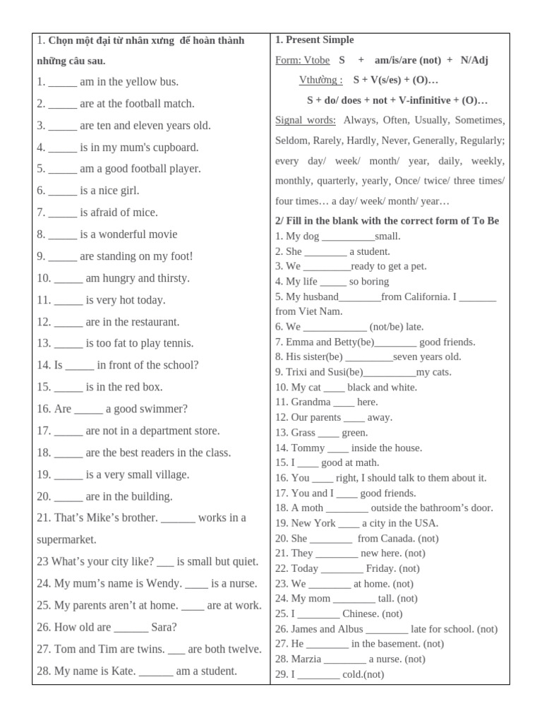 Chọn một đại từ nhân xưng để hoàn thành những câu sau. 1. Present Simple S + am/is/are (not) + N ...