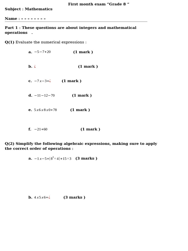 Grade 8 Math Exam: Integers & Exponents | PDF | Teaching Methods ...