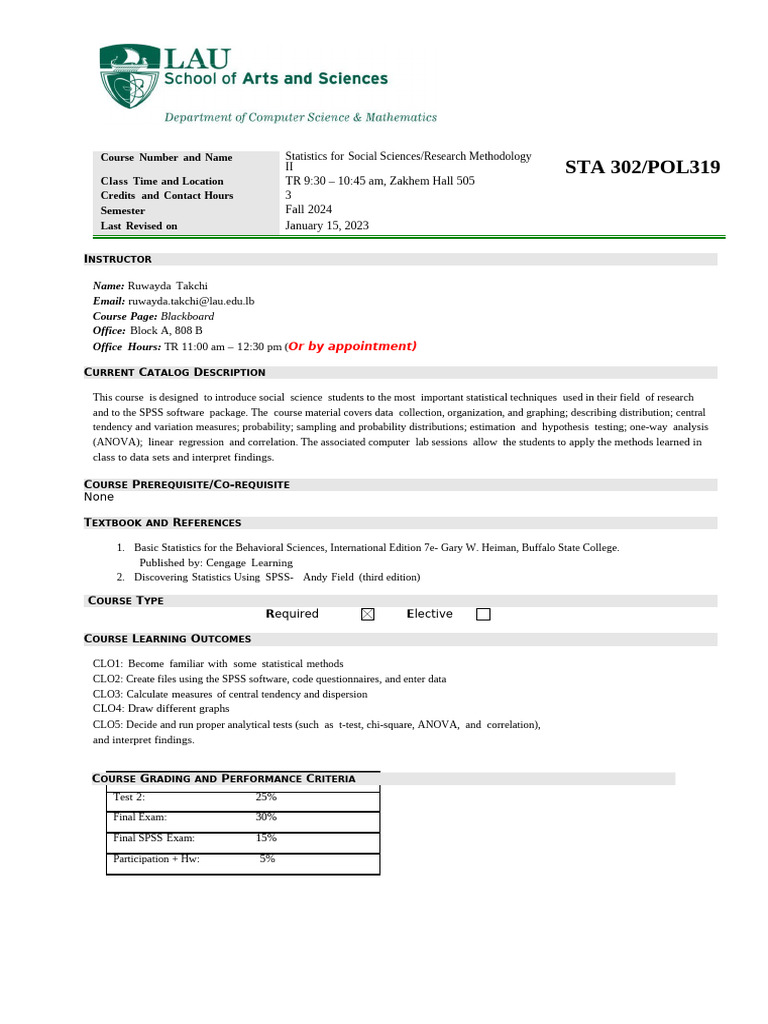 STA302 Fall 2024 Syllabus | PDF