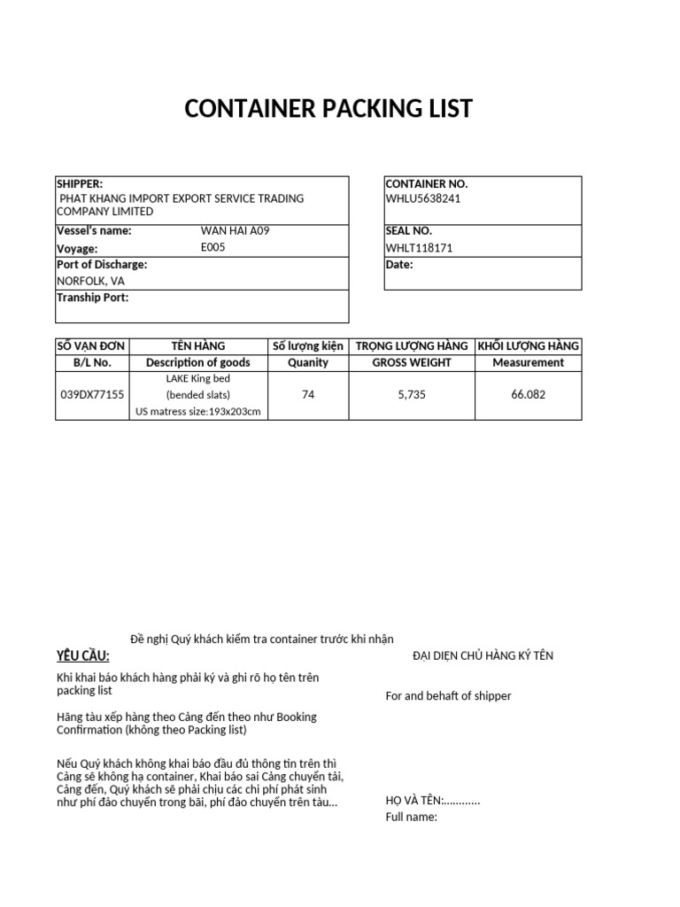 Container Packing List Wan Hai 6 Cont | PDF