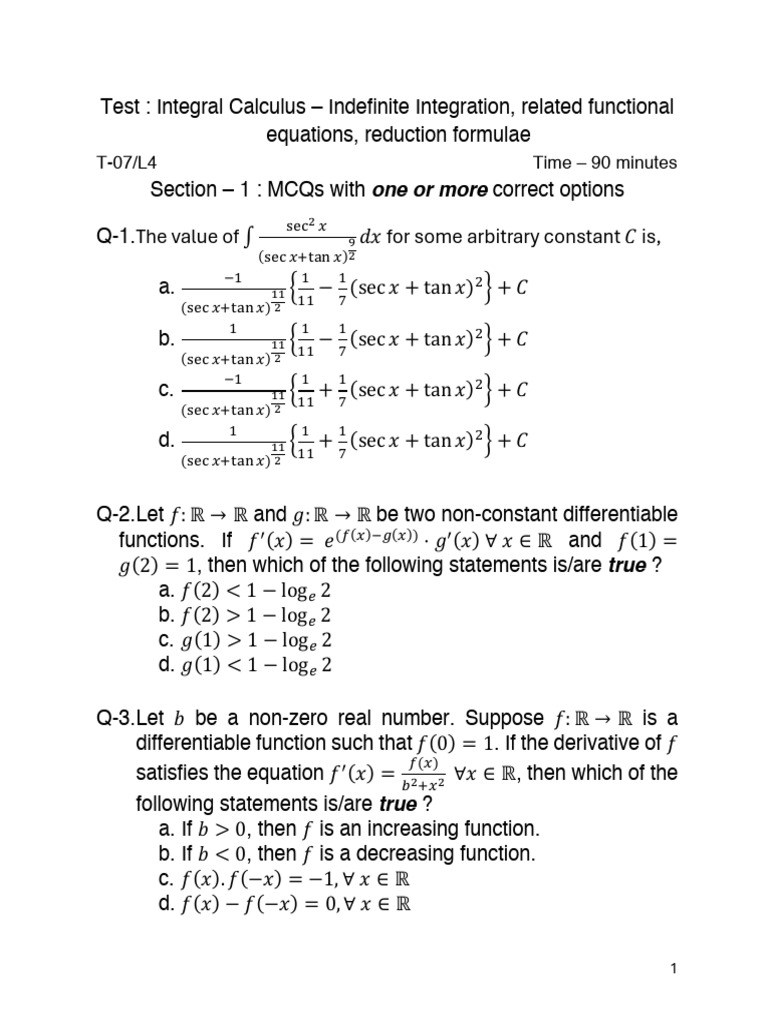 Test07-Miscellaneous Indefinite Integration | PDF