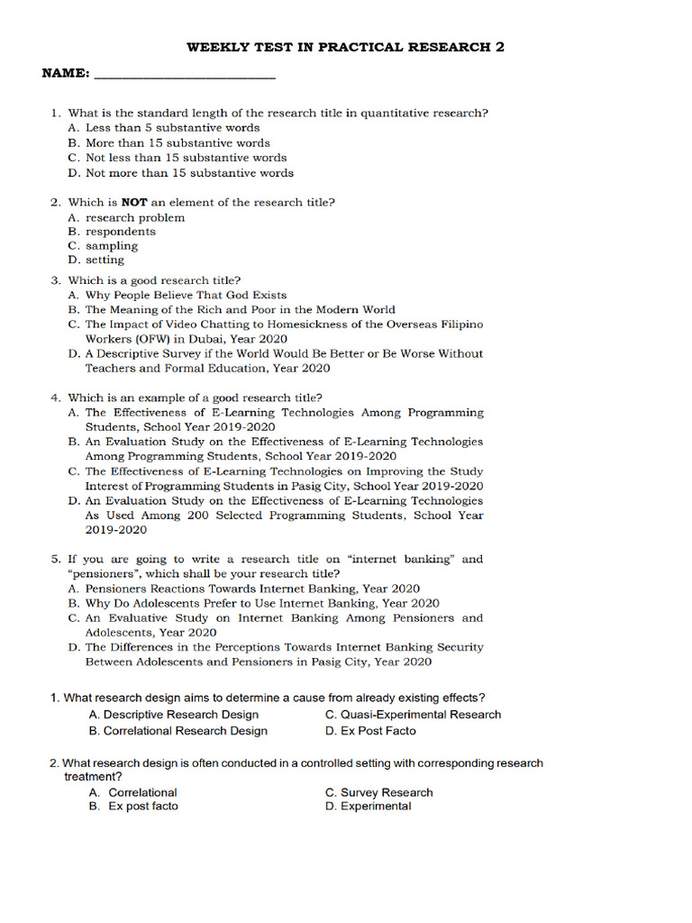 Practical Research 2 Weekly Test Guide | PDF