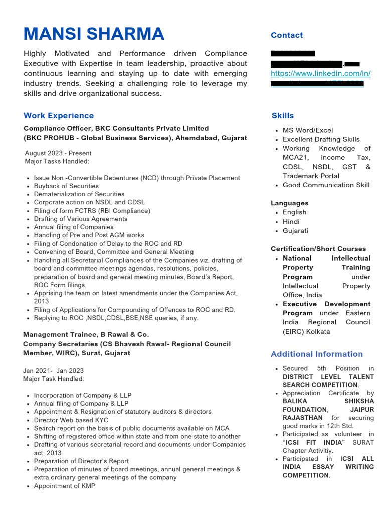 CV - Mansi Sharma - Secretarial & Legal Work | PDF