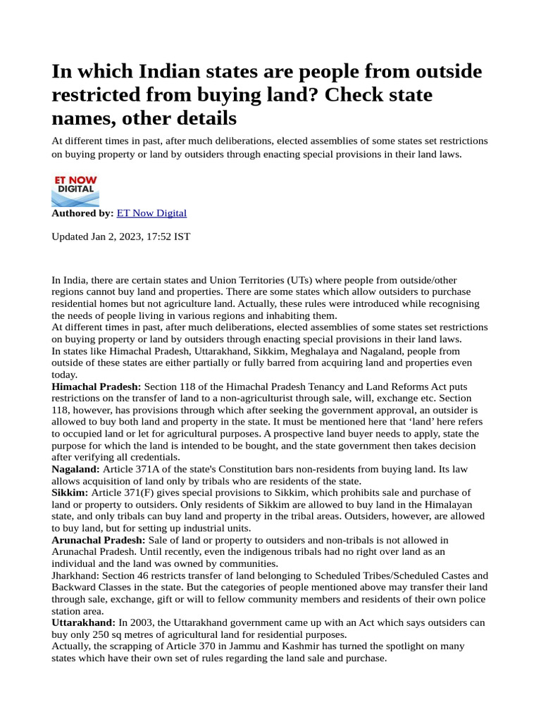 Cannot Buy Land in These Indian States | PDF