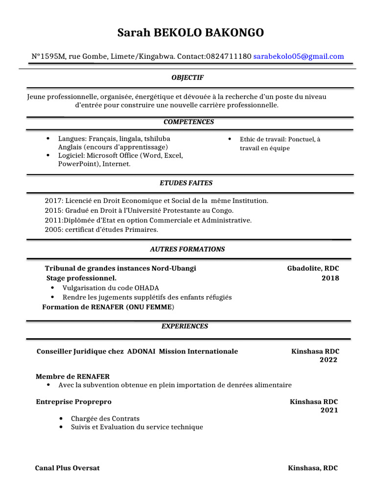Sarah Bekolo Bakongo CV | PDF
