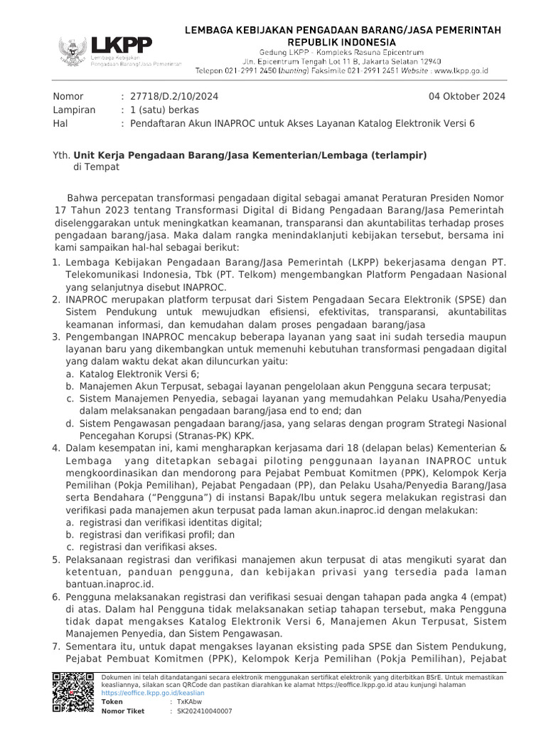 Registrasi Akun INAPROC Kementerian | PDF