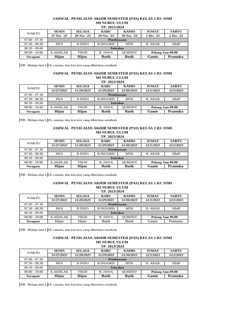 Jadwal Pas Kelas 2 - 120725 | PDF