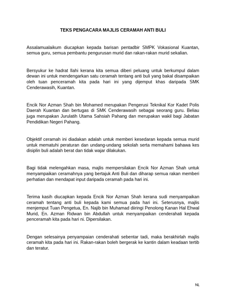 Teks Pengacara Majlis Ceramah Anti Buli | PDF