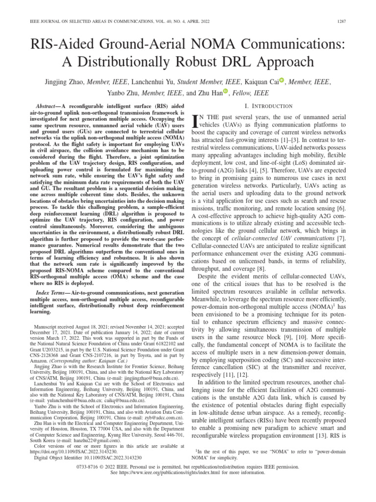 RIS-Aided Ground-Aerial NOMA Communications A Distributionally Robust DRL Approach | PDF
