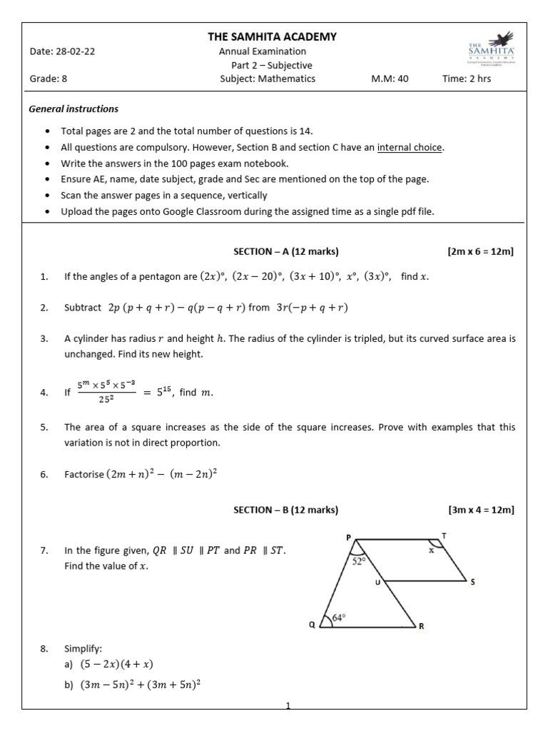 Gr8 Math AE 2021 22 Part2 | PDF