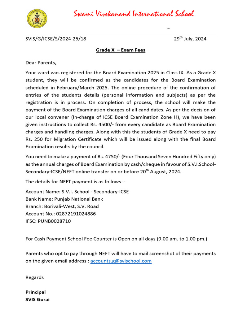 Cir No - 18 ICSE GR - 10 ExamReg - Fees | PDF