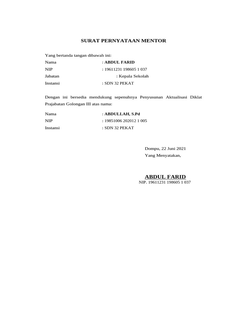 Surat Pernyataan Mentor | PDF