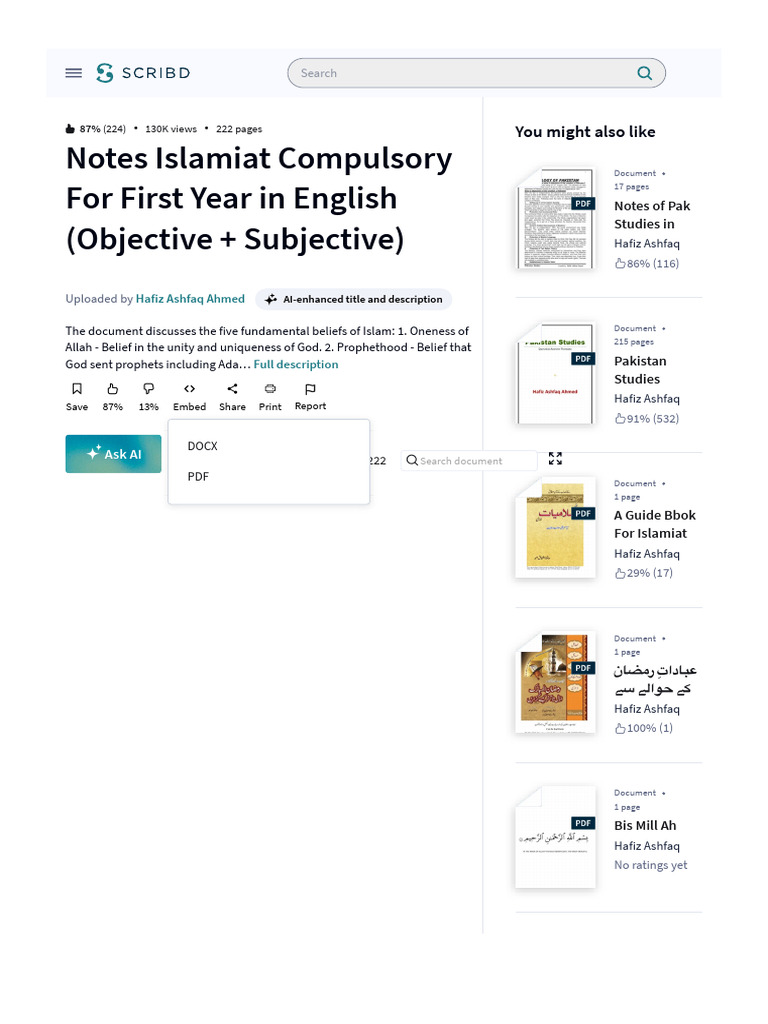 Notes Islamiat Compulsory For First Year in English (Objective ...